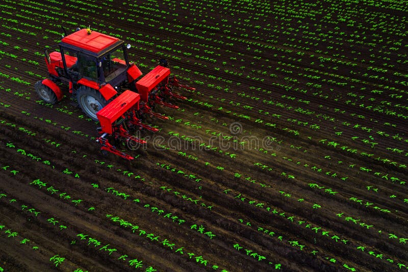 Tractor Cultivating Field at Spring, Aerial View Stock Image - Image of ...