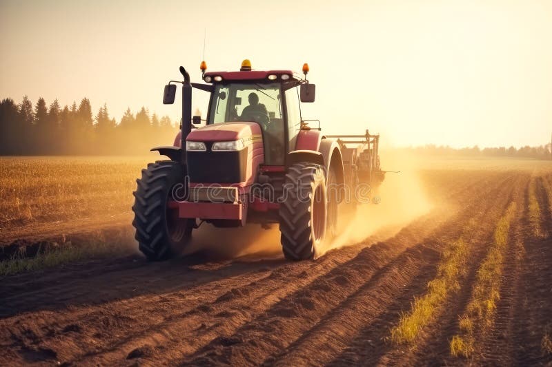 Tractor Cultivating Field at Spring, Plowing or Harrowing Soil Stock ...