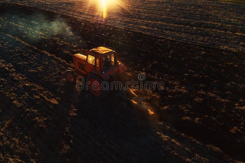 Tractor Cultivating Field at Spring, Aerial View Stock Photo - Image of ...