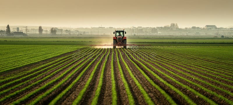 The Tractor Cultivating Rows in a Lush Green Agricultural Field at Dawn ...