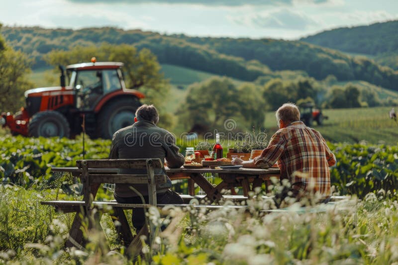 Tractor Drivers Sit at a Table in a Field. the Workers Lunch Break ...