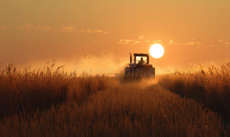 A Tractor Drives through a Field at Sunset Over the Crops Stock ...