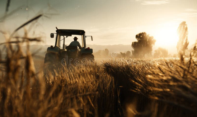 A Tractor Drives through a Field at Sunset Over the Crops Stock ...
