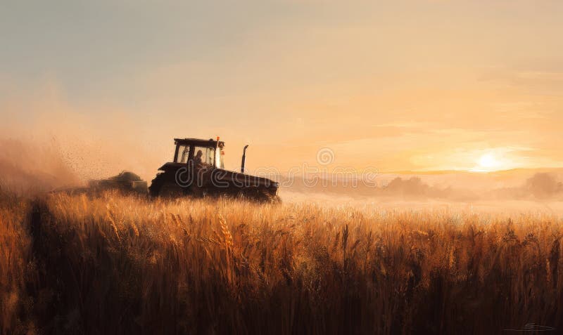 A Tractor Drives through a Field at Sunset Over the Crops Stock ...