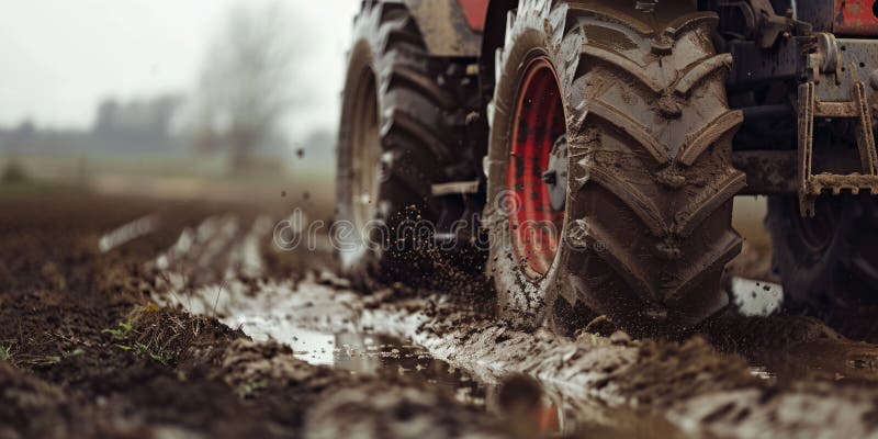 A Tractor Drives through a Muddy Field, with Dirt and Grass Flying ...