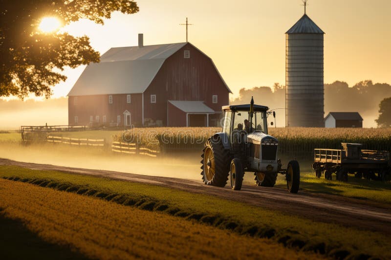 Tractor is Driving Down the Road in Front of Farm. Generative AI Stock ...