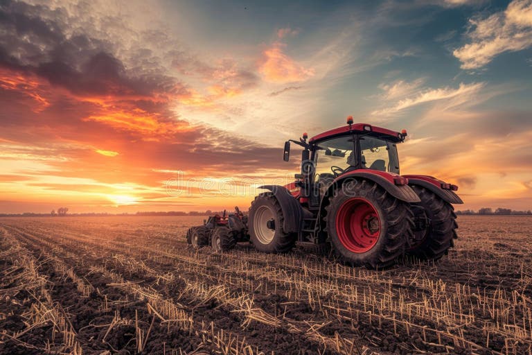 A Tractor Driving through a Field with a Beautiful Sunset in the ...