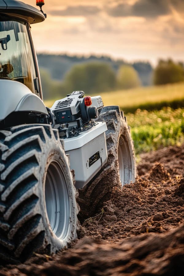 A Tractor Driving through a Field of Dirt with a Rural Landscape ...
