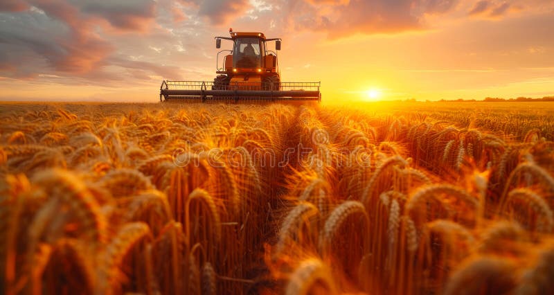A Tractor is Driving through a Field of Golden Wheat Stock Image ...