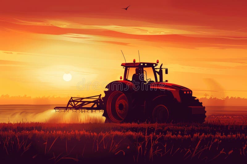 A Tractor Driving through a Field during Sunset with a Beautiful Orange ...