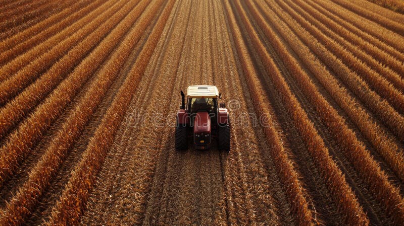 Tractor Driving through Rows of Harvested Corn Stalks Stock ...