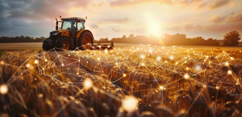 Tractor Driving through Wheat Field at Sunset with Connected Data ...