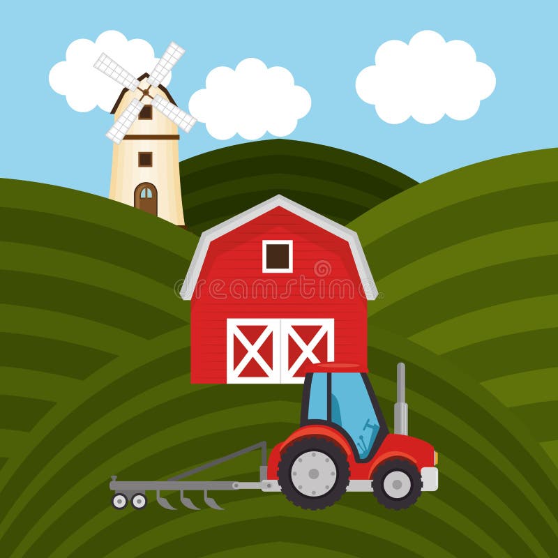 Tractor in the farm scene stock vector. Illustration of agriculture ...