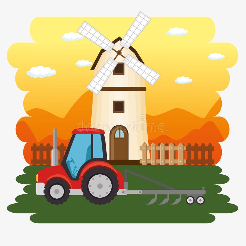 Tractor in the farm scene stock vector. Illustration of farming - 119882463