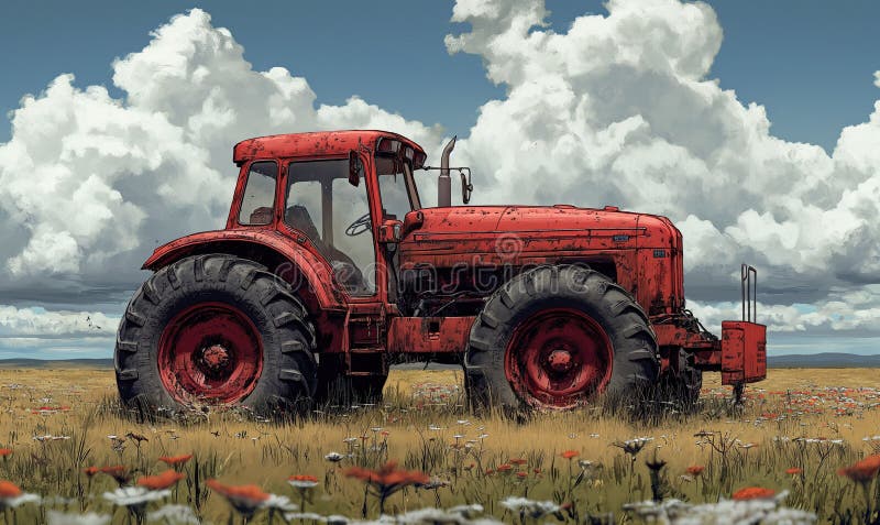Tractor in a Field in Comic Style. Stock Image - Image of closeup, land ...