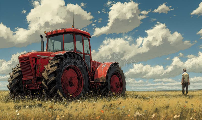 Tractor in a Field in Comic Style. Stock Photo - Image of rural ...