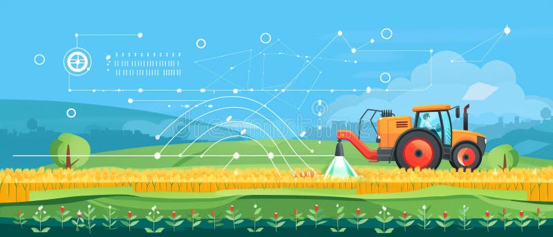 Tractor on Field with Crops Helped by Technology. Future Digital ...