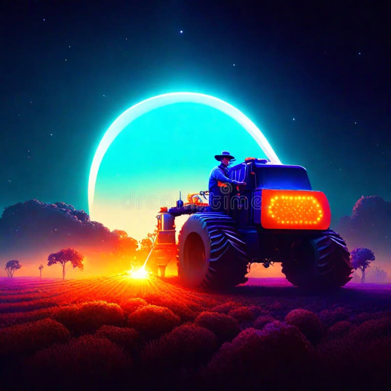 Tractor in the Field with Full Moon. 3D Rendering Stock Illustration ...