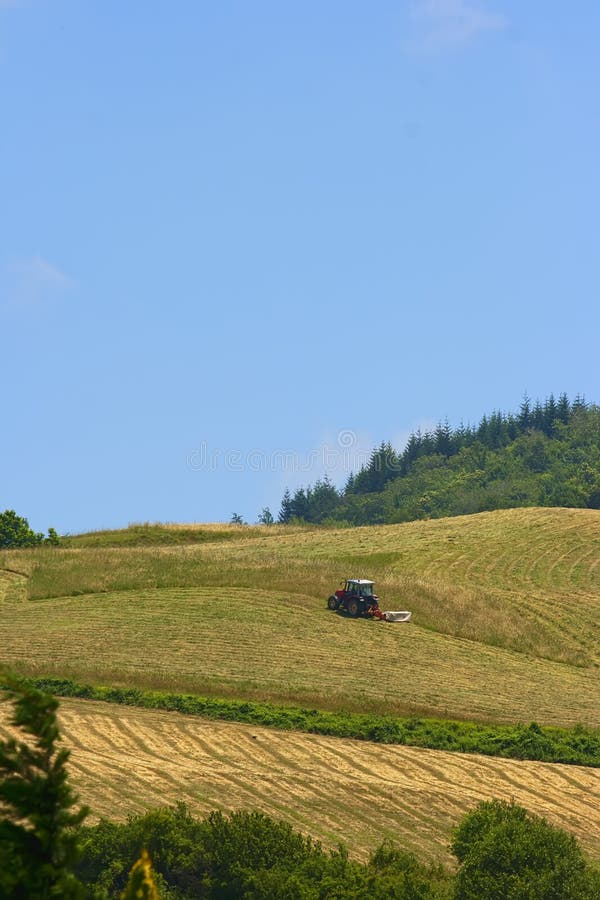 Tractor in a Field Over a Hill Stock Image - Image of agriculture, farm ...