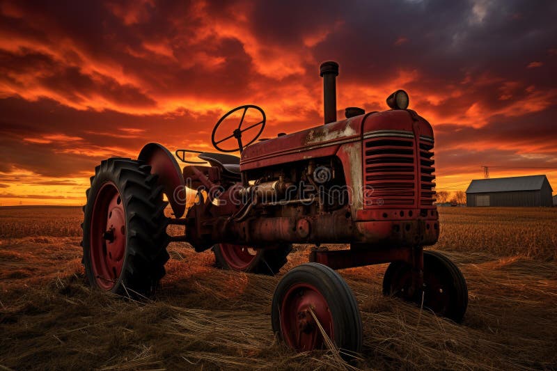 Tractor on the Field during Sunset Stock Photo - Image of land, tractor ...
