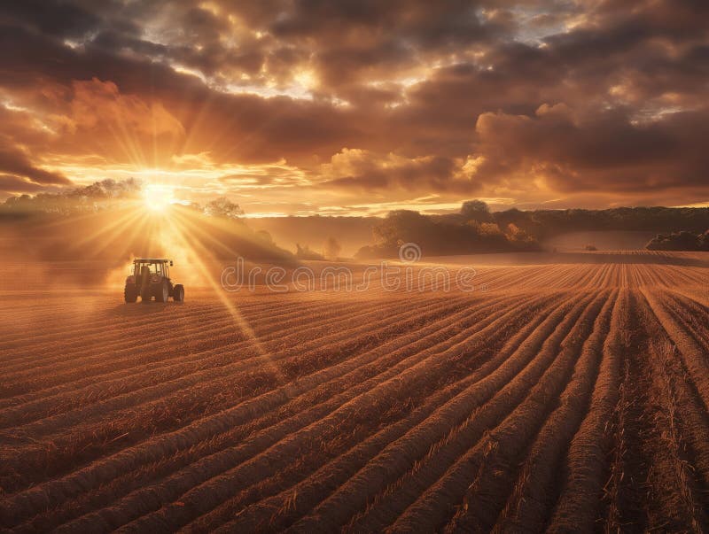 Tractor in a Field at Sunset Stock Image - Image of horizon, work ...