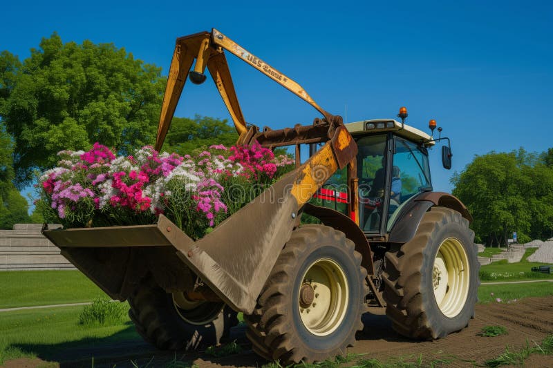 Tractor with Flowers in Loader, City Park Stock Photo - Image of ...