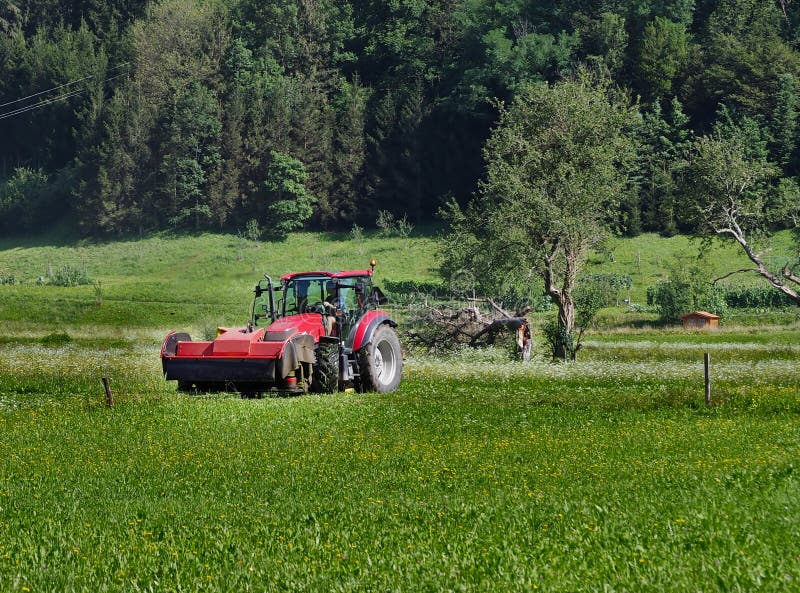 Tractor with Front Rotary Mower Machine in a Field on the Sidelines of ...