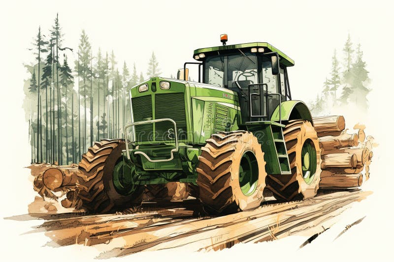 A Tractor Get Logs Out of the Woods. Generative AI Stock Illustration ...