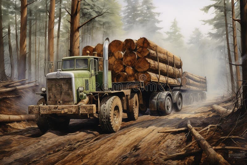 A Tractor Get Logs Out of the Woods. Generative AI Stock Illustration ...