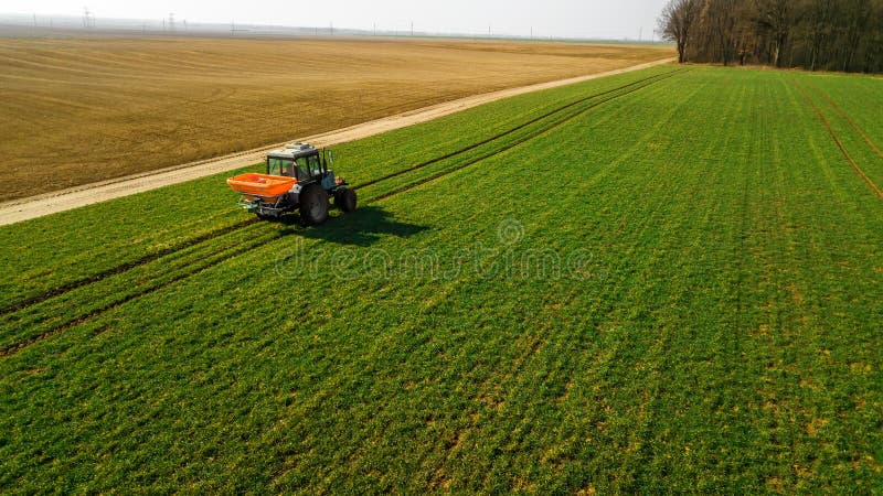 Tractor on a Green Field. Aerial Survey Stock Photo - Image of machine ...