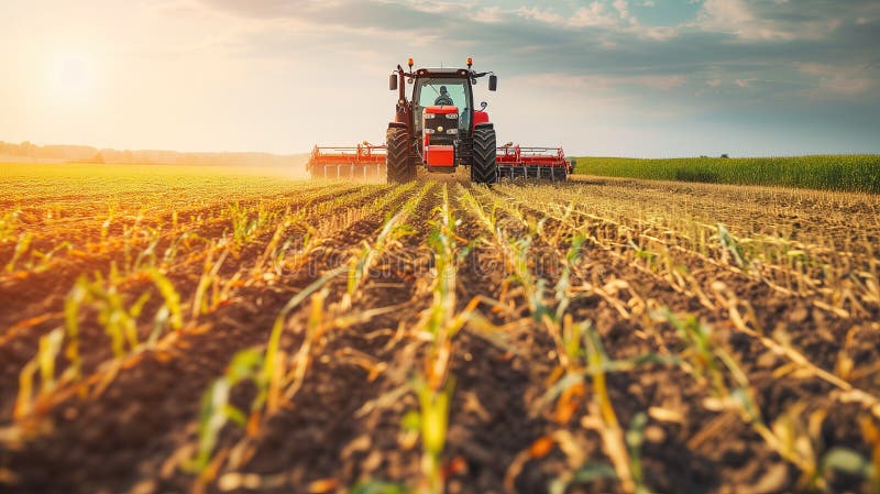 Tractor Harrowing Corn Field Stock Illustration - Illustration of dust ...