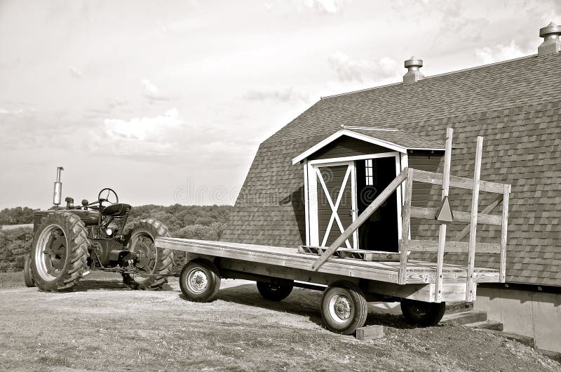 Tractor, Hay Rack, and Barn (black and White) Stock Photo - Image of ...