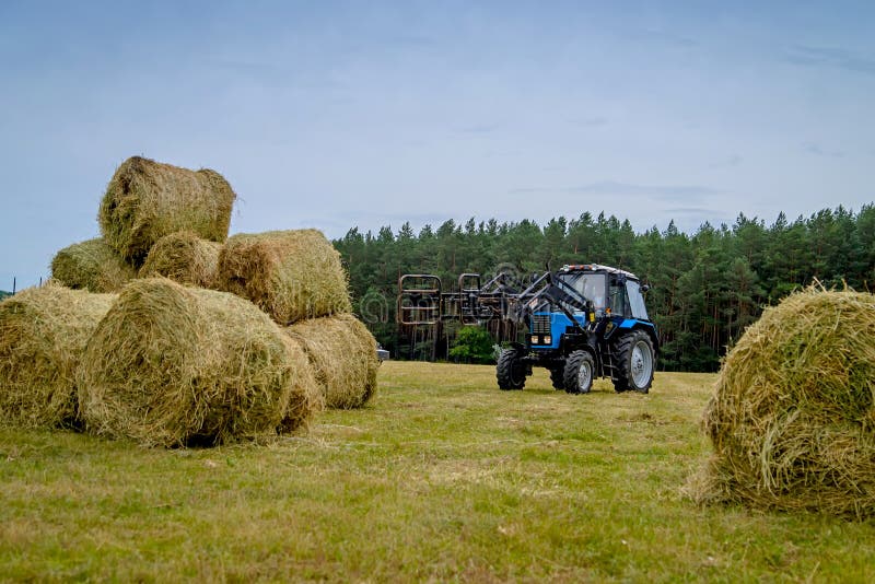Tractor Hay Stacks in the Field. Toning Stock Image - Image of machine ...