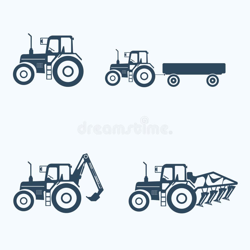 Tractor Icons Set with Higher Lift, Tiller. Stock Vector - Illustration ...