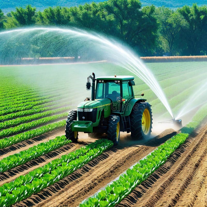 A Tractor with an Irrigation System Waters Seedlings in an Agricultural ...
