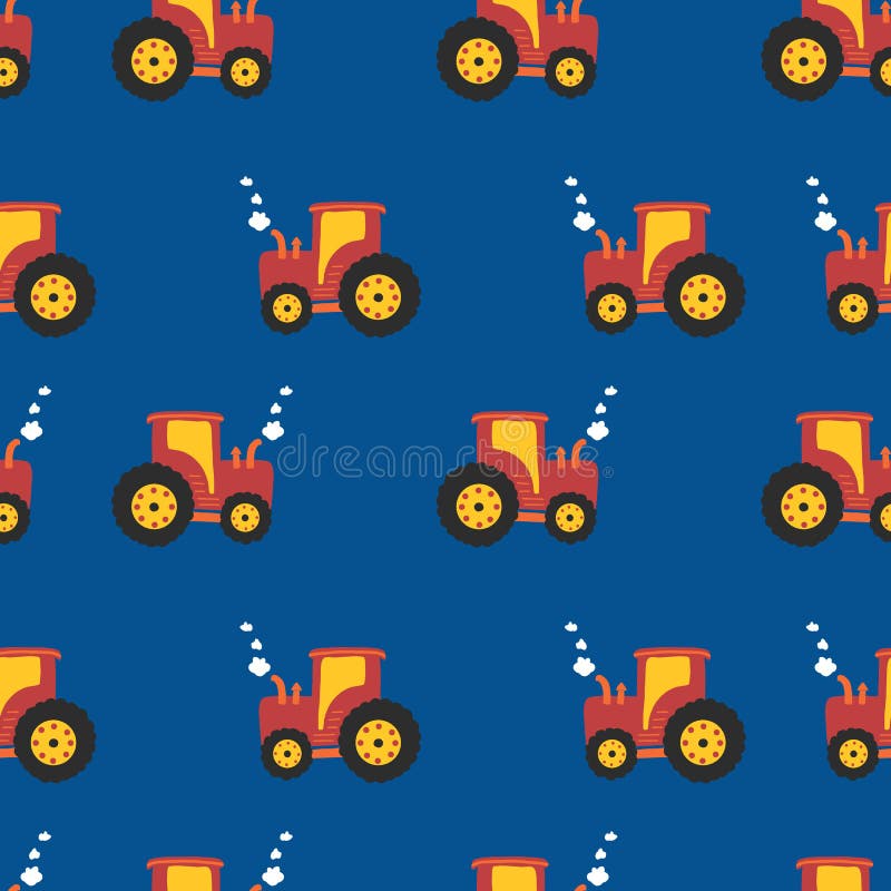 Tractor Kids Pattern. Seamless Vector Background Tractors on Blue Stock ...