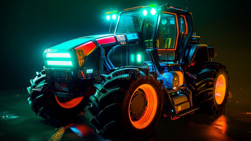 Tractor with Lights on Driving Down Road at Night in the Dark ...