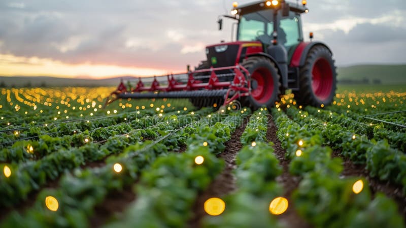 Tractor Illuminated by Lights in a Field Stock Image - Image of ...