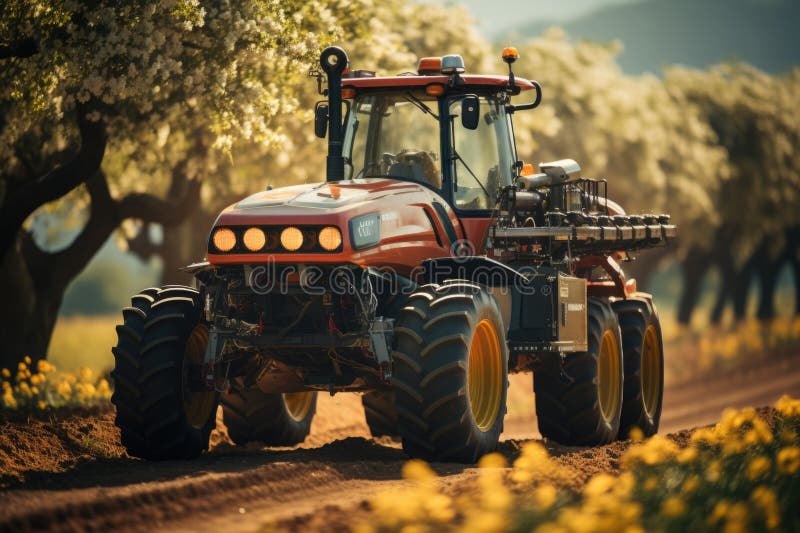 Tractor Machine Passing through the Orchard Corridor and Sprayin Stock ...