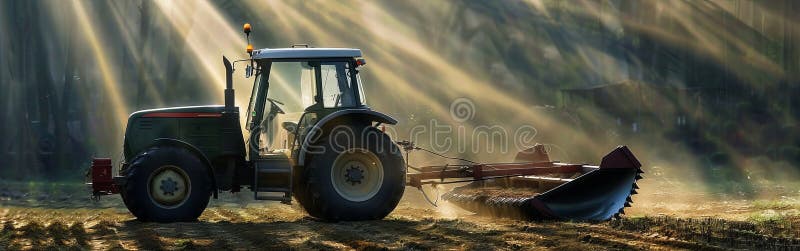 Tractor in Morning Sunlight on a Farm Field with Rays of Light Stock ...