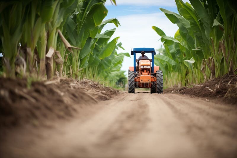 Tractor Moving Along Dirt Path between Banana Tree Rows Stock Image ...