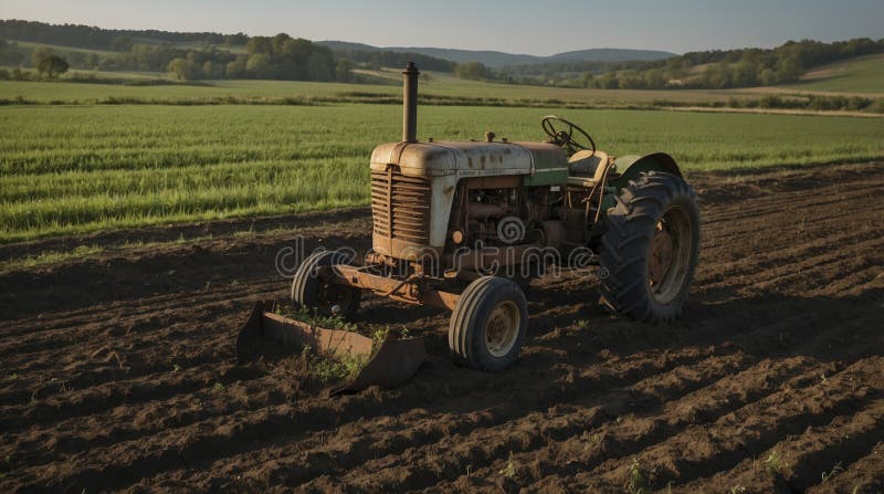 The Tractor is in the Mud in the Open Field, with Some Hills Stock ...