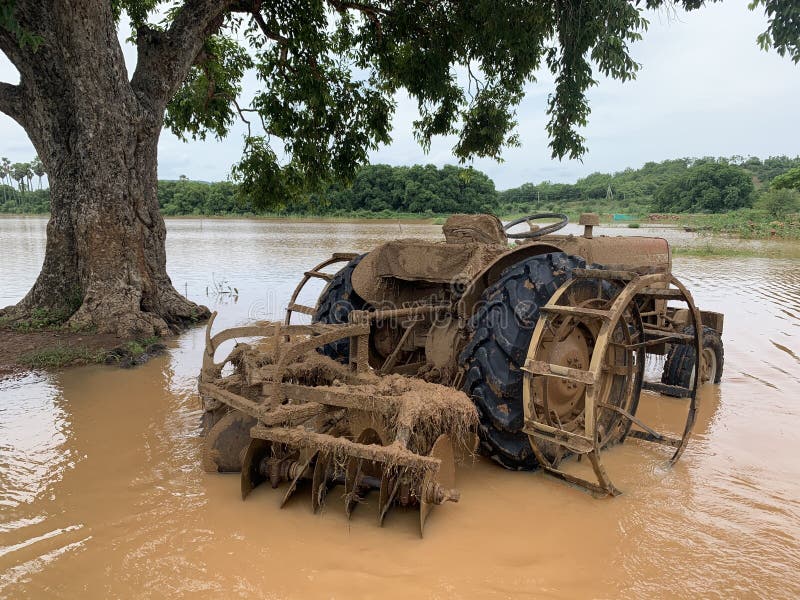 Tractor in the Mud Under Green Tree Stock Image - Image of industry ...