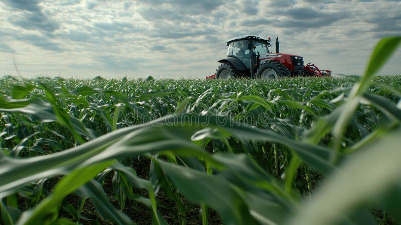 Tractor Operates in a Verdant Field, Spraying Corn Seed while Dark Grey ...
