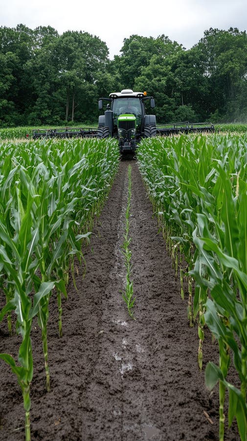 Tractor Operates in a Verdant Field, Spraying Corn Seed while Dark Grey ...