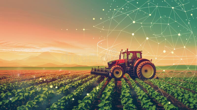 Tractor Working in Field with Network Stock Photo - Image of growth ...