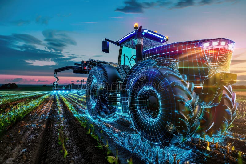 A Tractor Parked in a Green Field at Sunset Stock Image - Image of ...