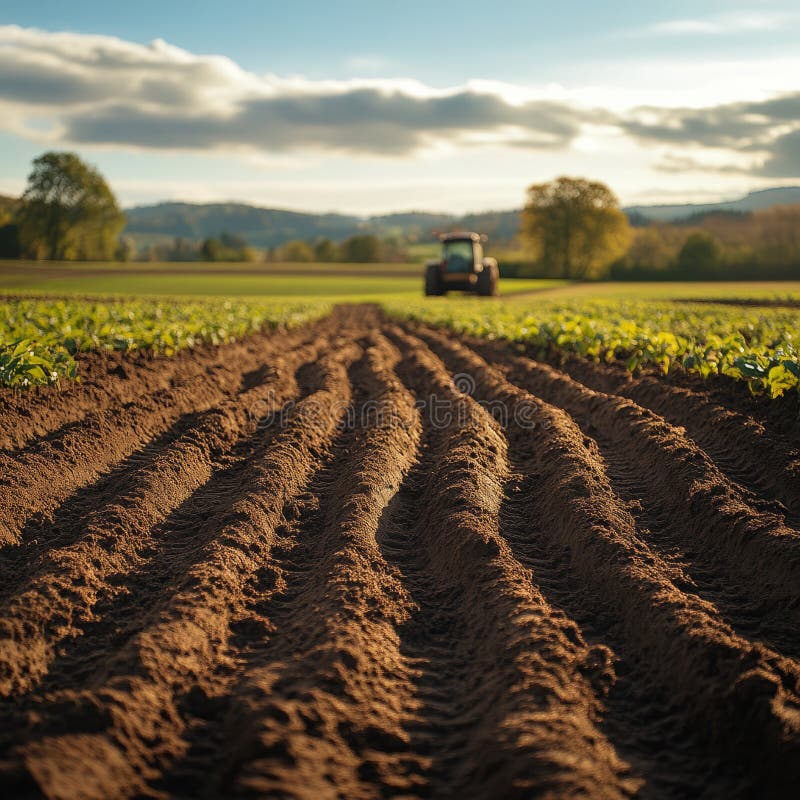 Tractor in a Plowed Field with Crops Under a Sunny Sky. Stock Image ...