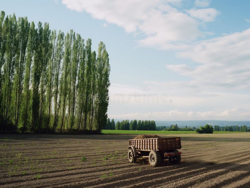Tractor in a Plowed Field with Tall Trees Stock Photo - Image of summer ...