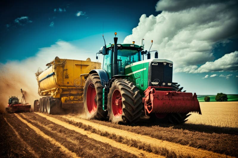 Tractor Plowing Field with Large Trailer. Generative AI Stock ...